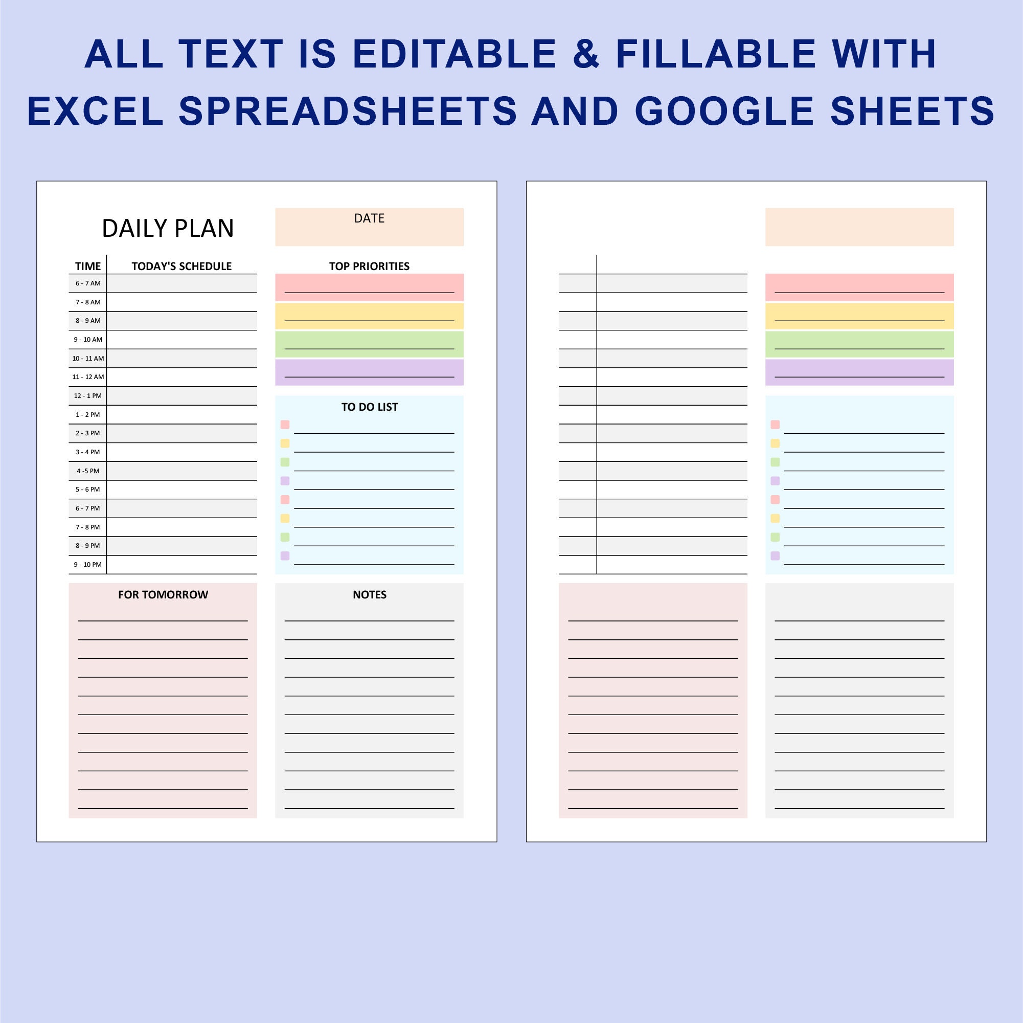 Pastel Daily Planner Editable Printable Fillable. EXCEL Spreadsheet ...