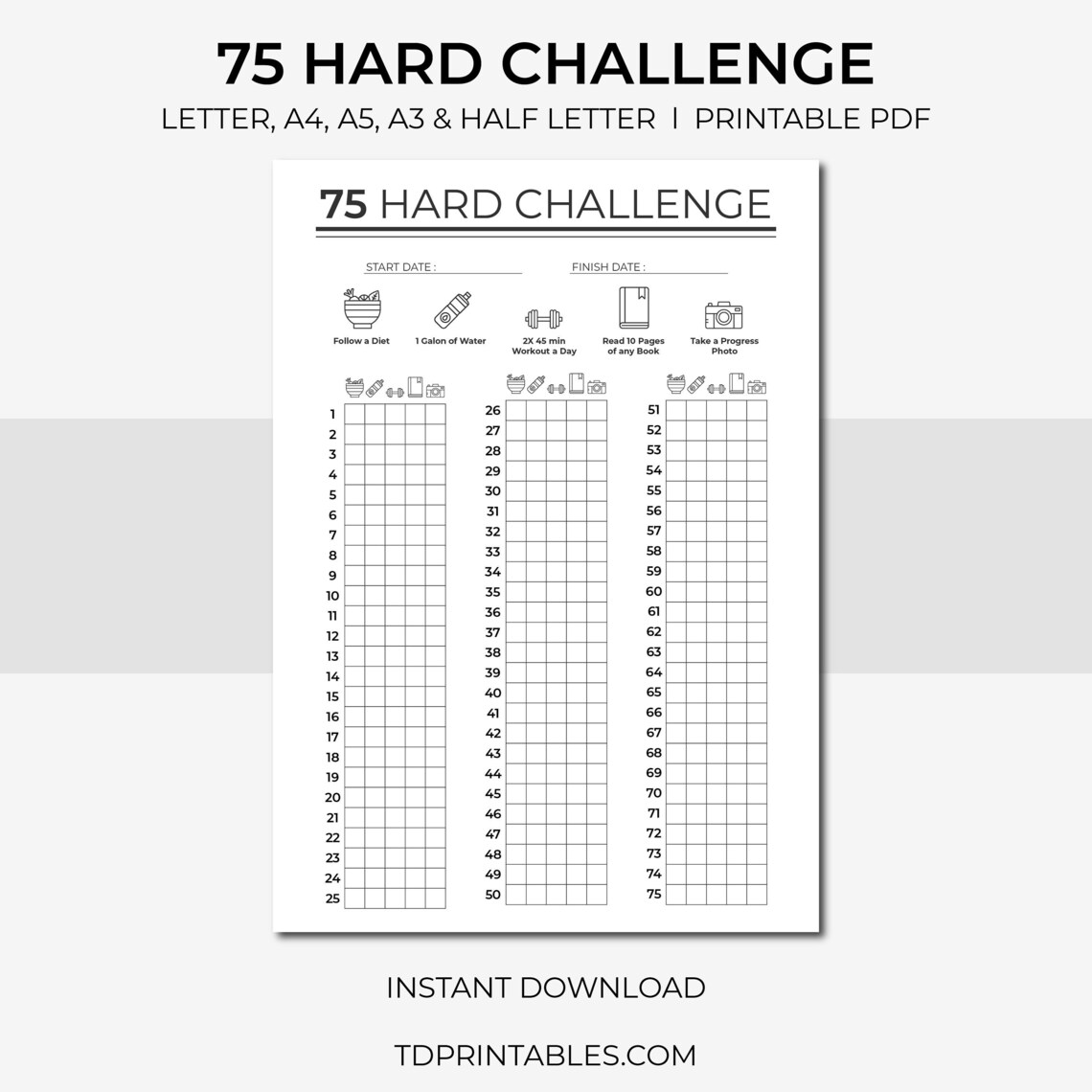 75 Hard Challenge Tracker PDF 75 Hard Challenge Printable Tracker 75 ...