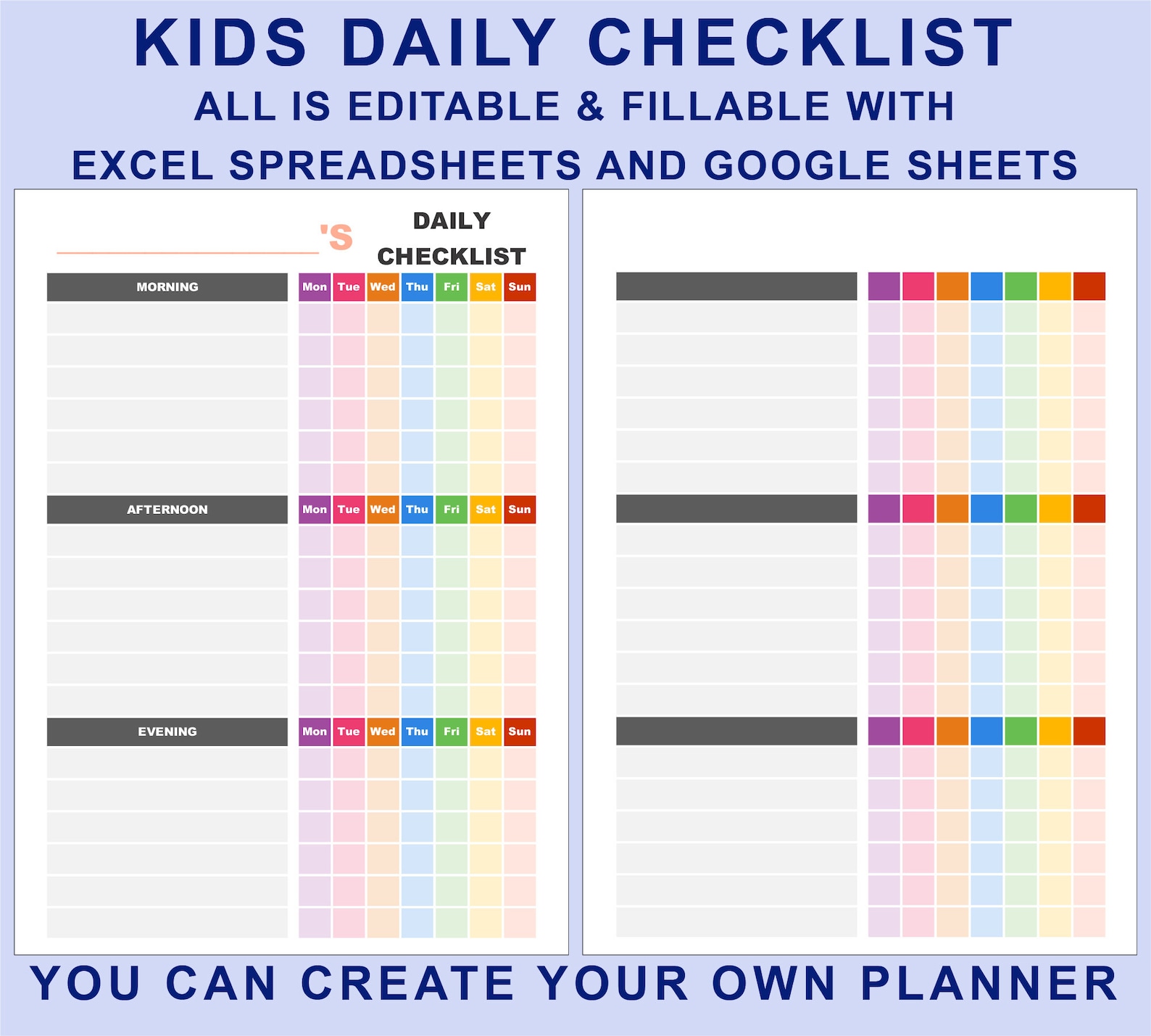 Kids Daily Checklist Planner Template for EXCEL Spreadsheet. Printable ...