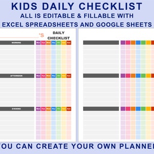 Kids Daily Checklist Planner Template for EXCEL Spreadsheet. Printable ...
