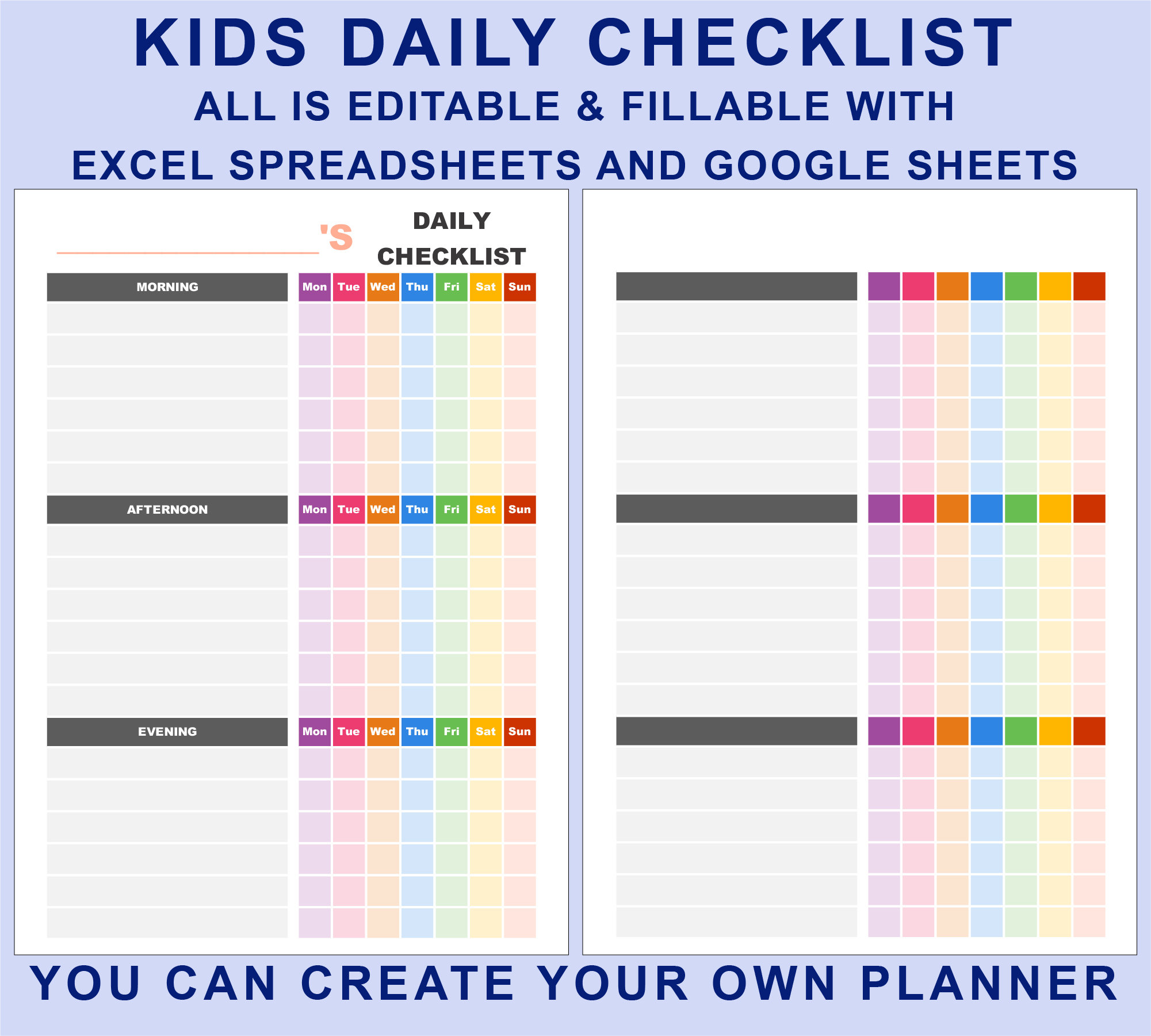 Kids Daily Checklist Planner Template for EXCEL Spreadsheet. Printable ...