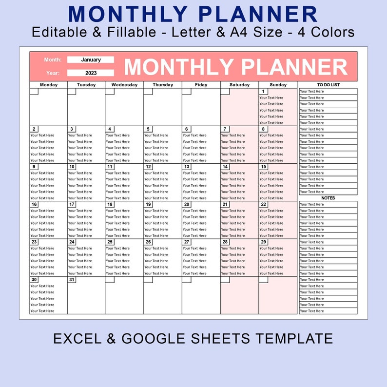 Monthly Planner Editable Fillable Printable. Monthly Calendar. EXCEL ...