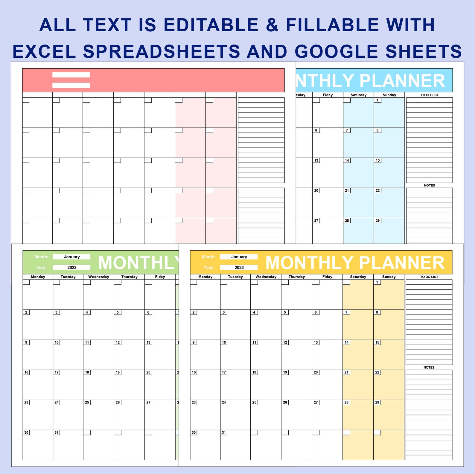 Monthly Planner Editable Fillable Printable. Monthly Calendar. EXCEL ...