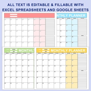 Monthly Planner Editable Fillable Printable. Monthly Calendar. EXCEL ...
