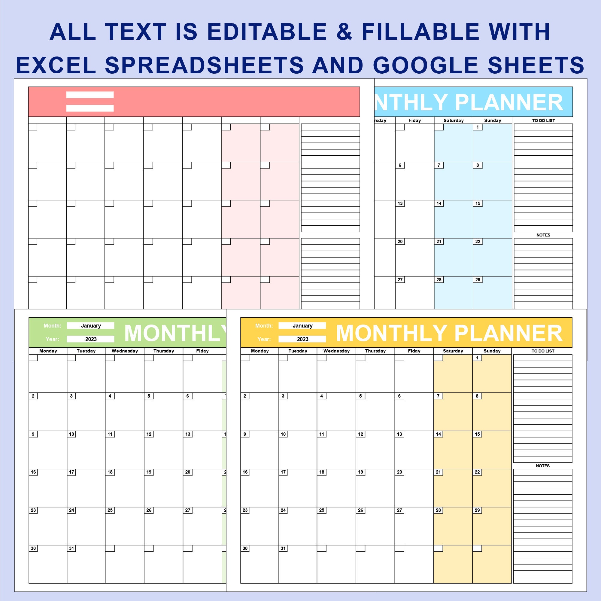 Monthly Planner Editable Fillable Printable. Monthly Calendar. EXCEL ...