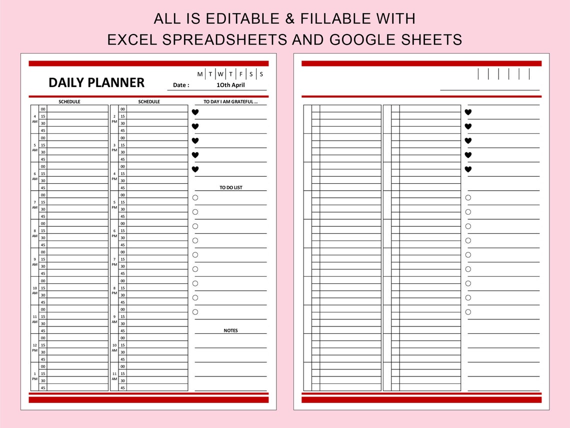 15 Minutes Daily Hourly Planner Editable Fillable. Time Appointment ...