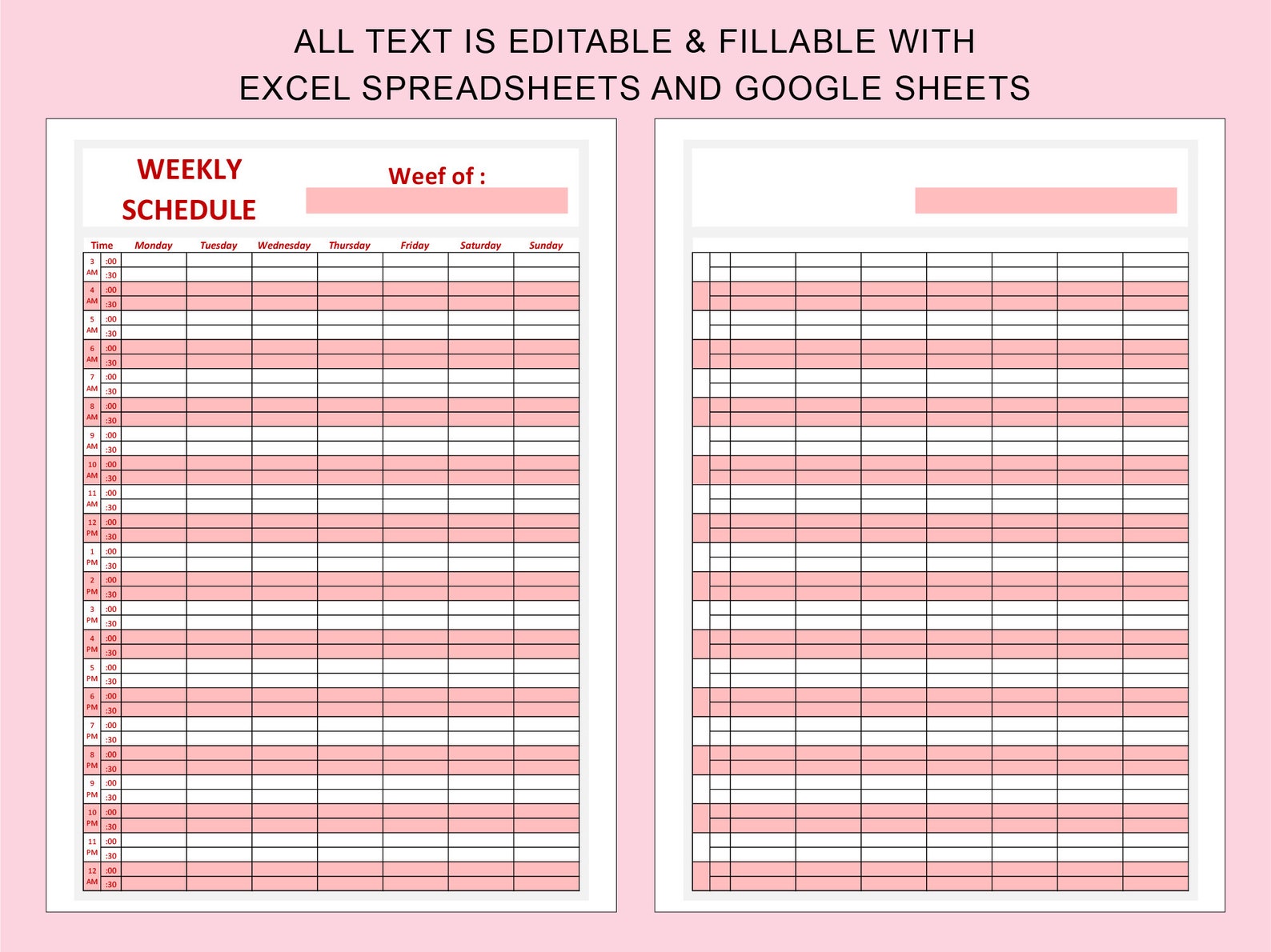 Printable Hourly Weekly Planner Editable Fillable. EXCEL Spreadsheets ...