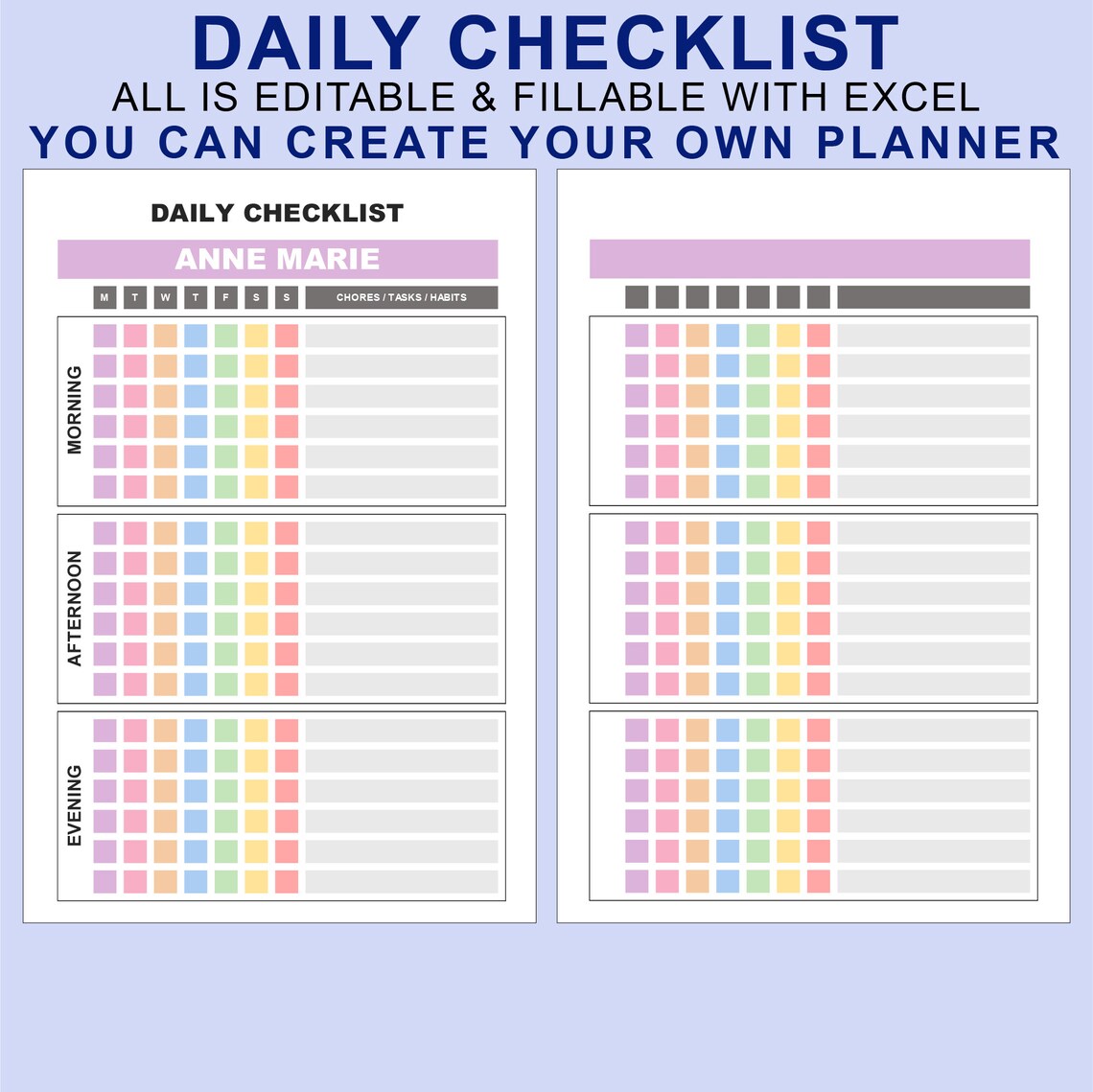 Kids Teens Daily Checklist. EXCEL Spreadsheet Template. Editable ...