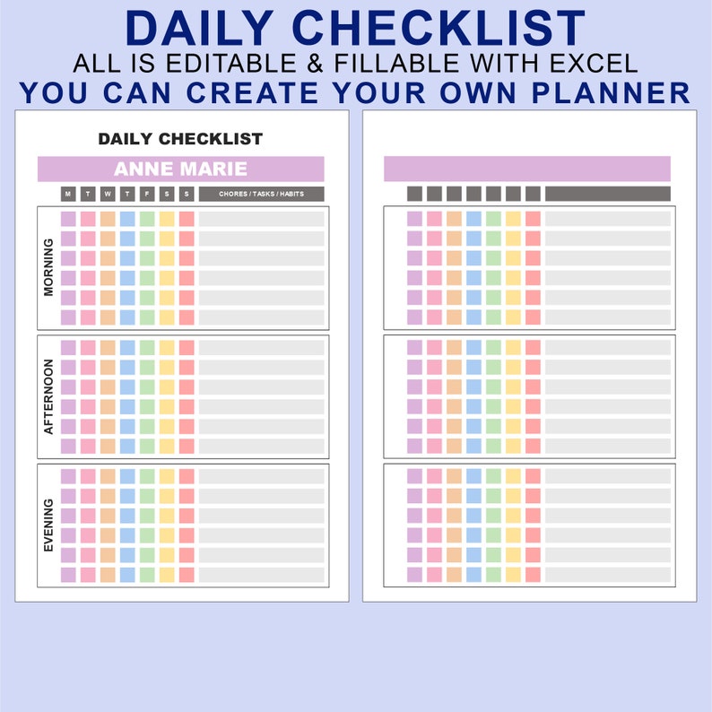 Kids Teens Daily Checklist. EXCEL Spreadsheet Template. Editable ...