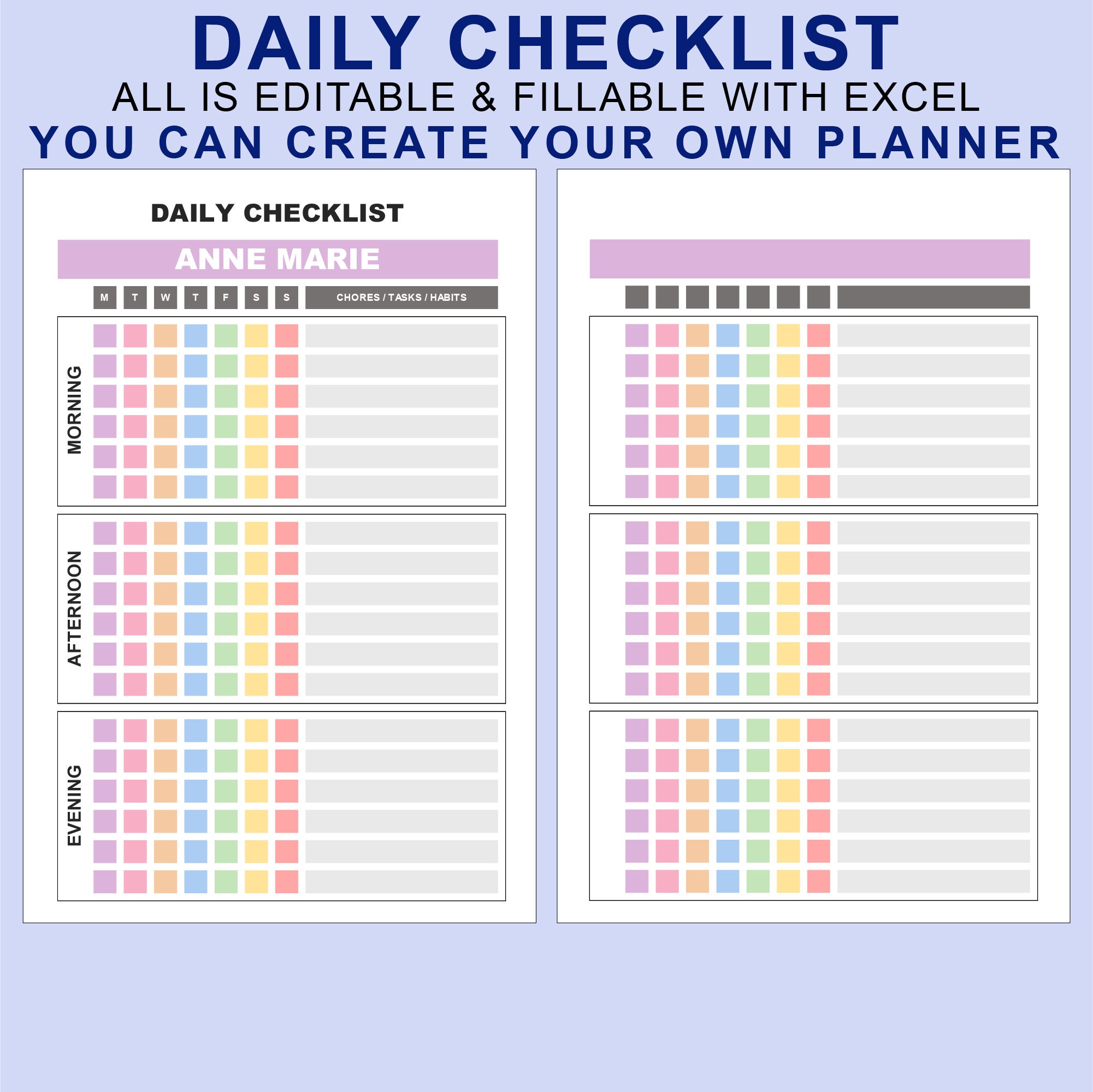Kids Teens Daily Checklist. EXCEL Spreadsheet Template. Editable ...