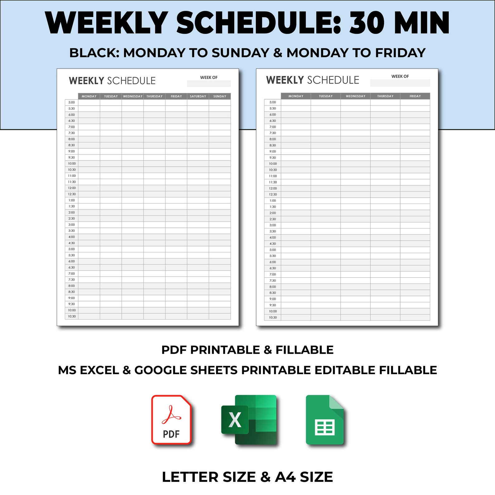PDF Printable Editable Fillable: Weekly Half Hour Planner. Weekly ...