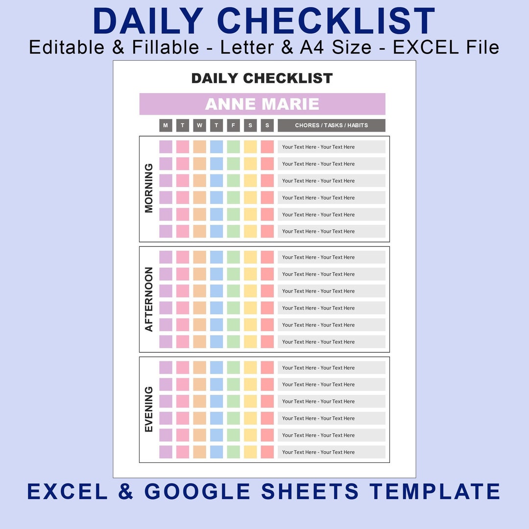 Kids Teens Daily Checklist. EXCEL Spreadsheet Template. Editable ...