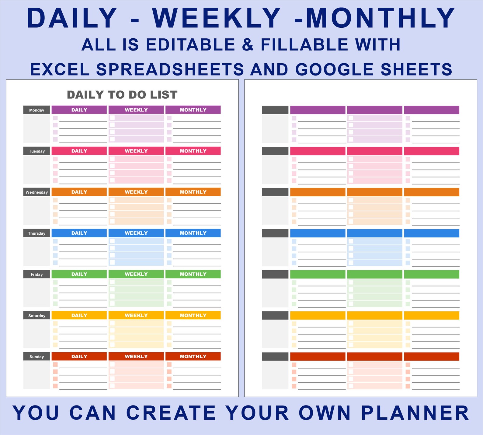 EXCEL & GOOGLE to Do List Planner Template. Daily Weekly Monthly to Do ...