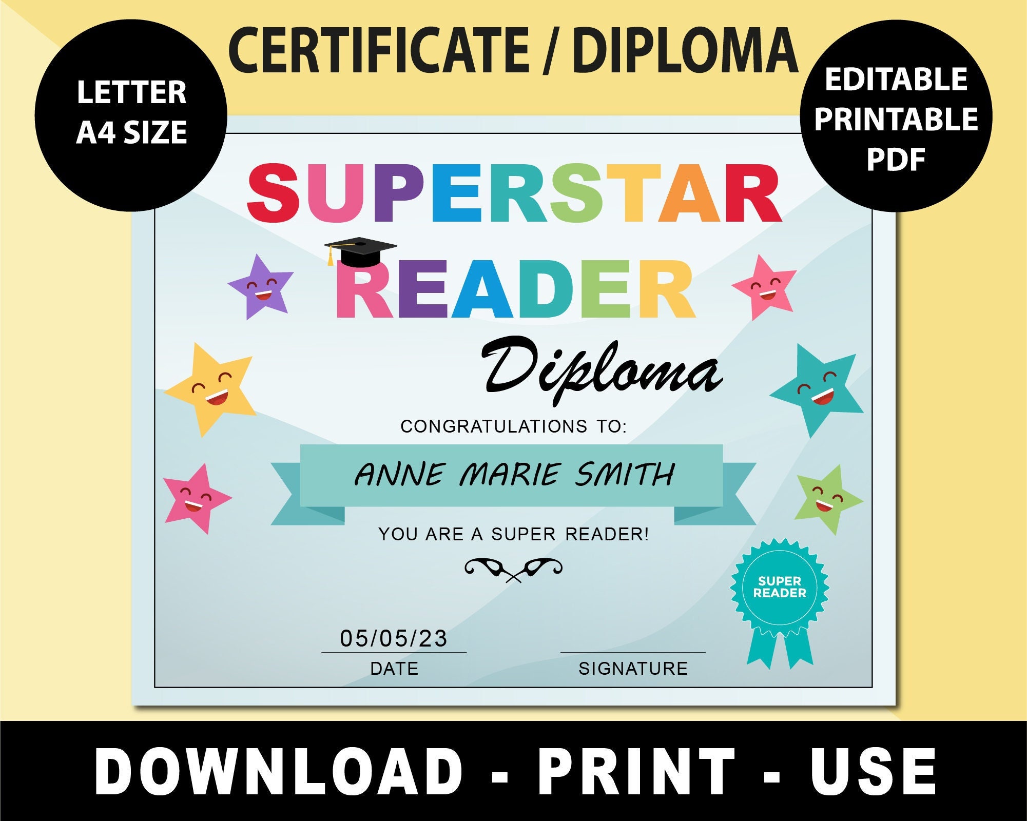 Certificate Diploma for Kids & Children:superstar Reader,pdf Editable ...