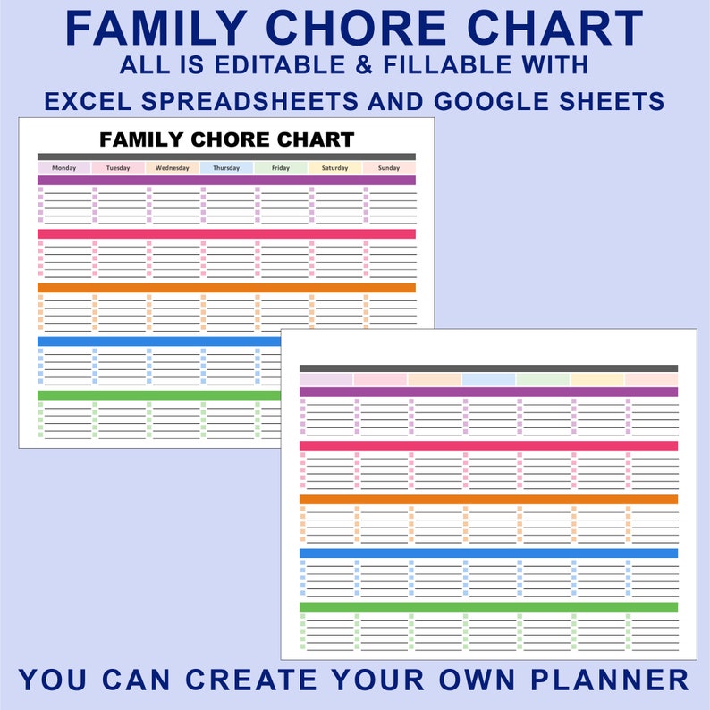 Family Chore Chart for EXCEL. Printable Editable Fillable. Weekly Chore ...