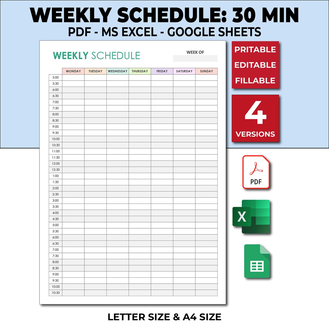 PDF Printable Editable Fillable: Weekly Half Hour Planner. Weekly ...