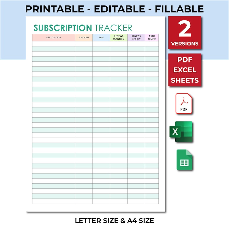 PDF Printable Editable Fillable Subscription Tracker Printable. Rainbow ...