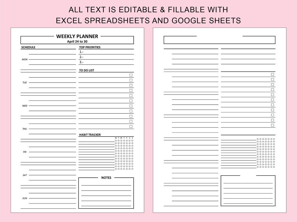 Printable Weekly Planner Editable Fillable. EXCEL Spreadsheets - Google ...