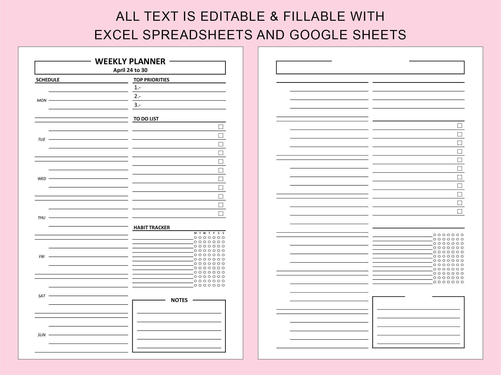 Printable Weekly Planner Editable Fillable. EXCEL Spreadsheets - Google ...