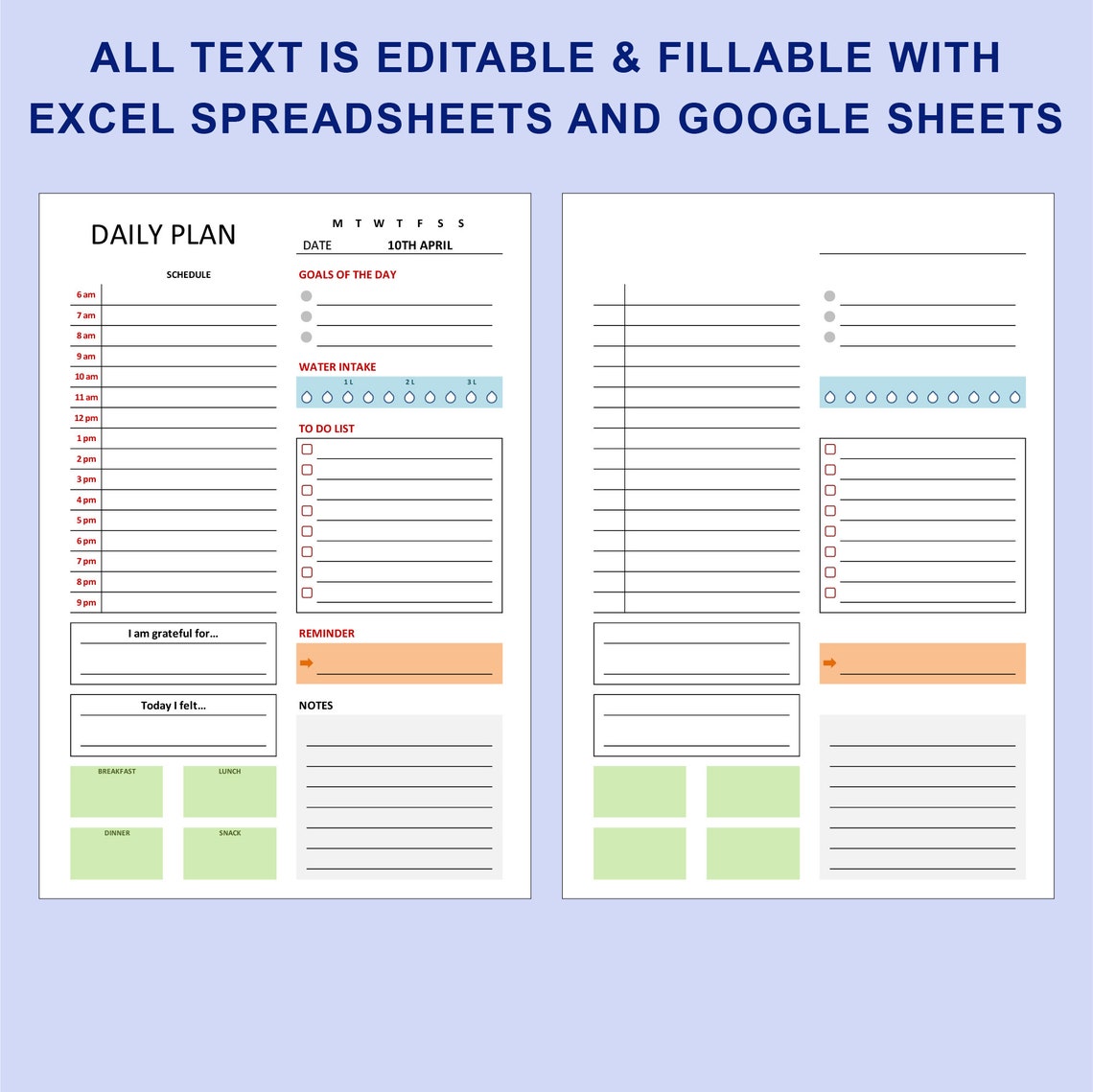 Daily Planner Printable Editable Fillable. Today Planner. EXCEL ...