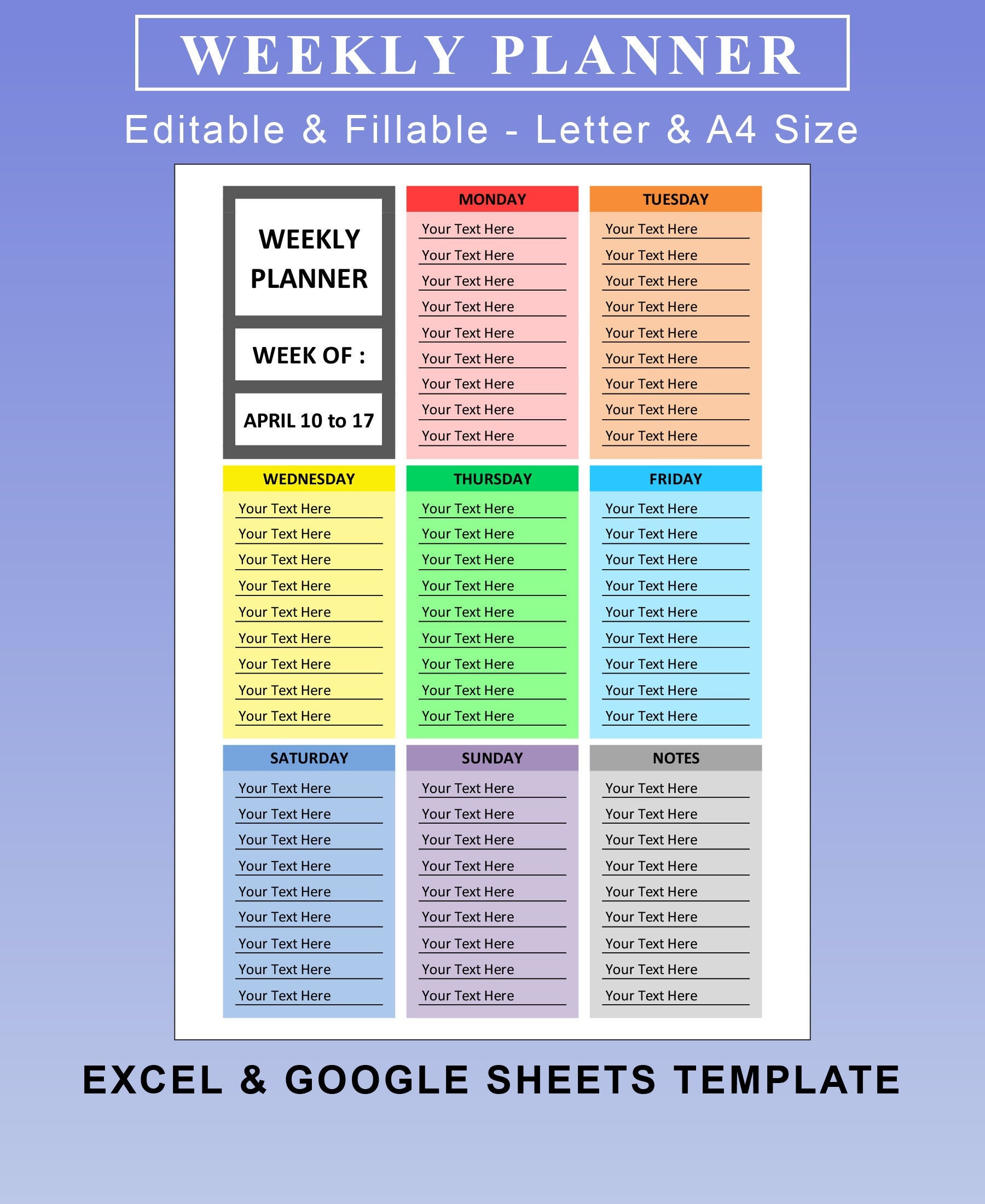 Weekly Planner Editable Fillable Printable. Weekly Planning. Weekly ...