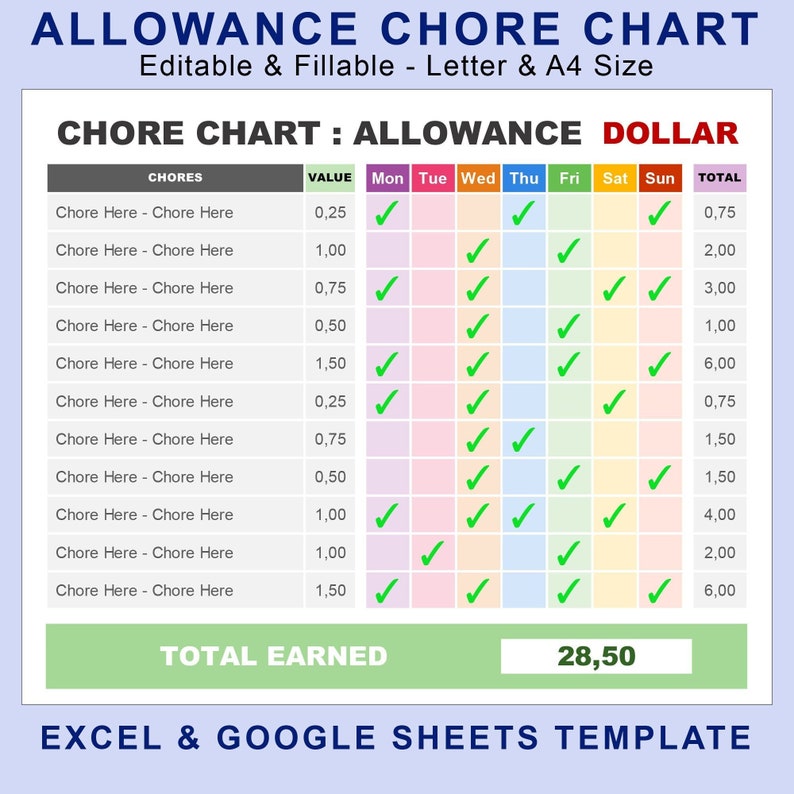 Kid's Chore Chart Editable Printable Fillable. Child Responsibility ...