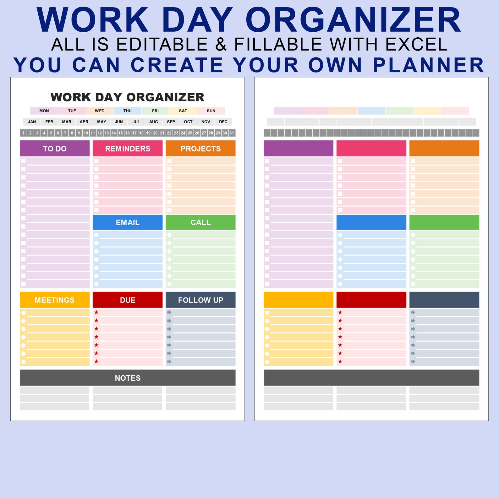 EXCEL Template Work Day Organizer Planner. Editable Printable Fillable ...