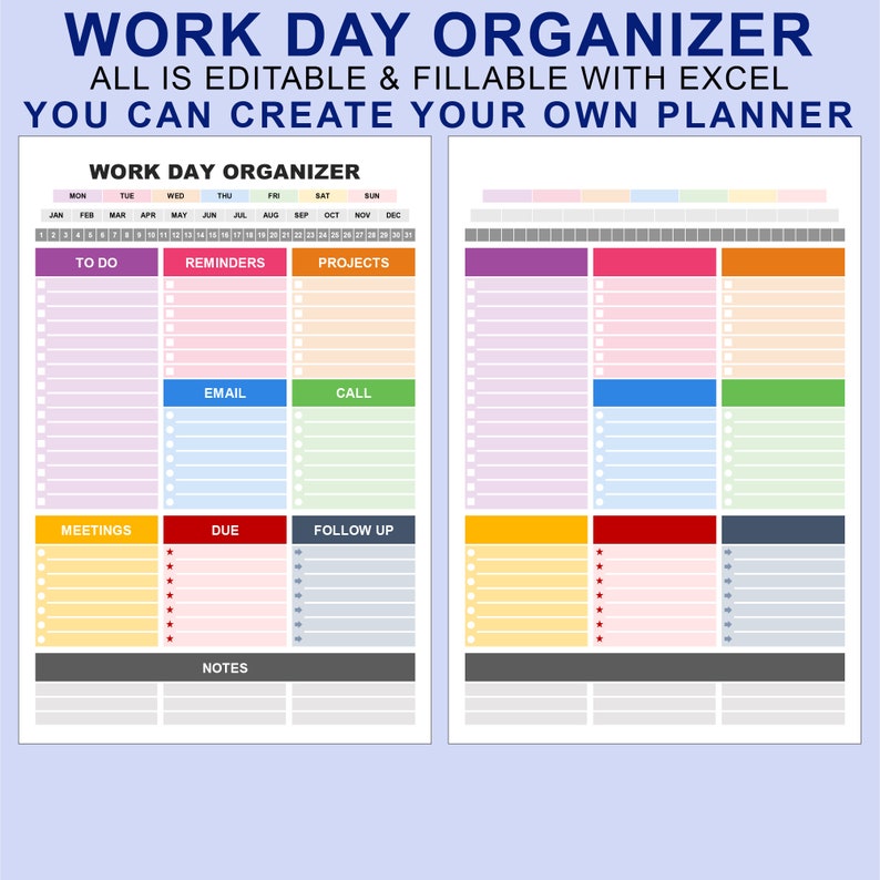 EXCEL Template Work Day Organizer Planner. Editable Printable Fillable ...