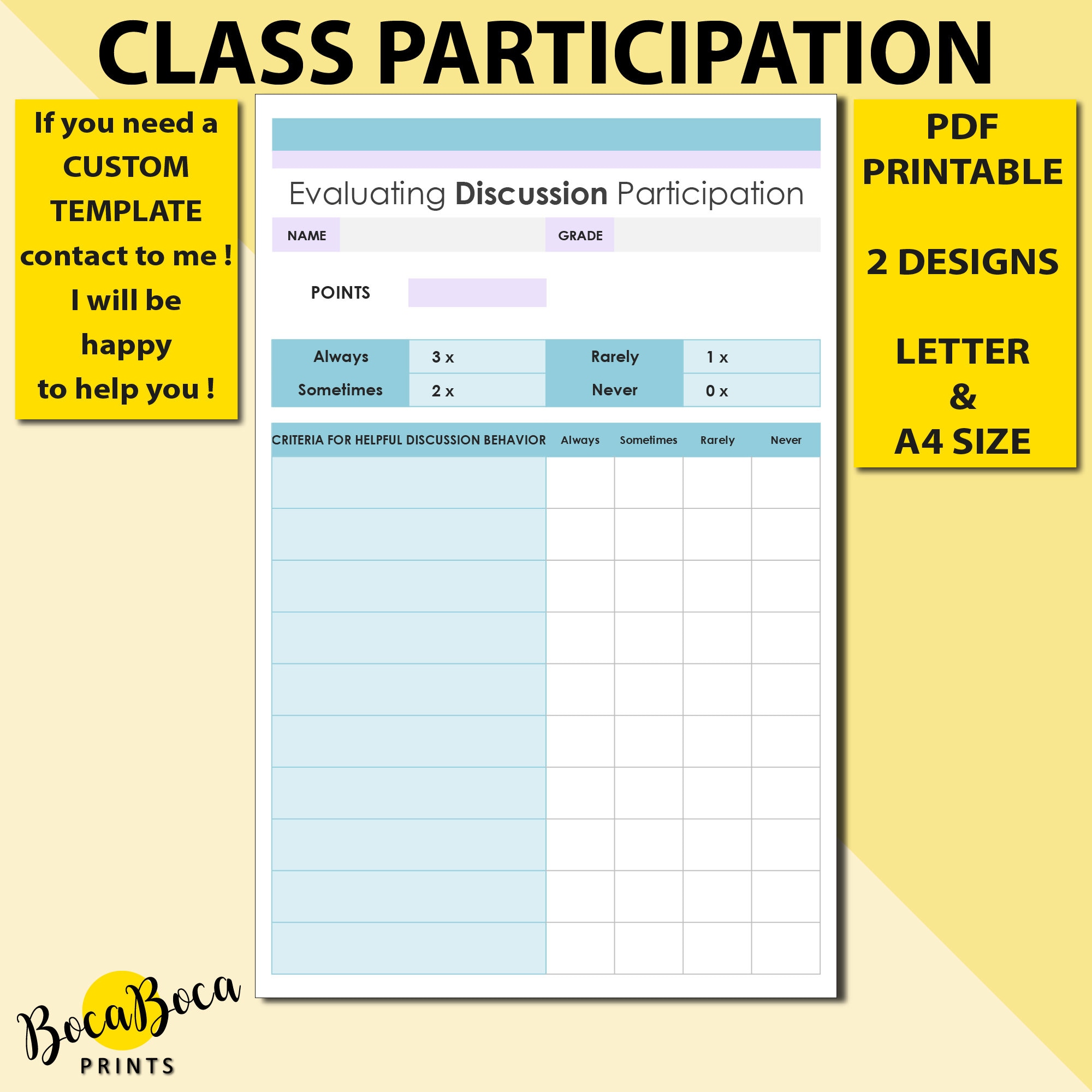 Printable Evaluating Participation Discussion Class Tracker. Class ...