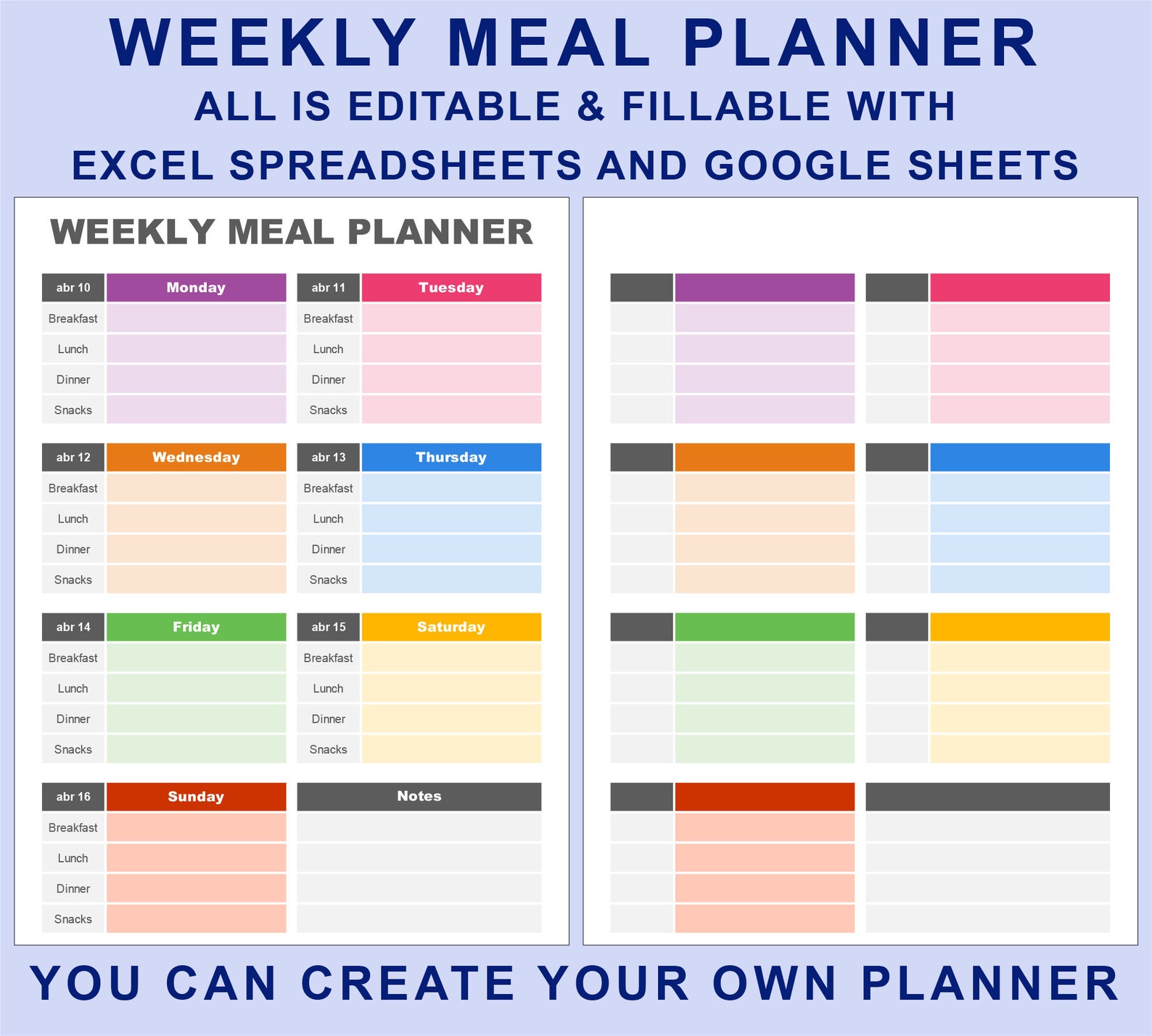 Weekly Meal Planner Printable Editable Fillable. Daily Food Planner ...