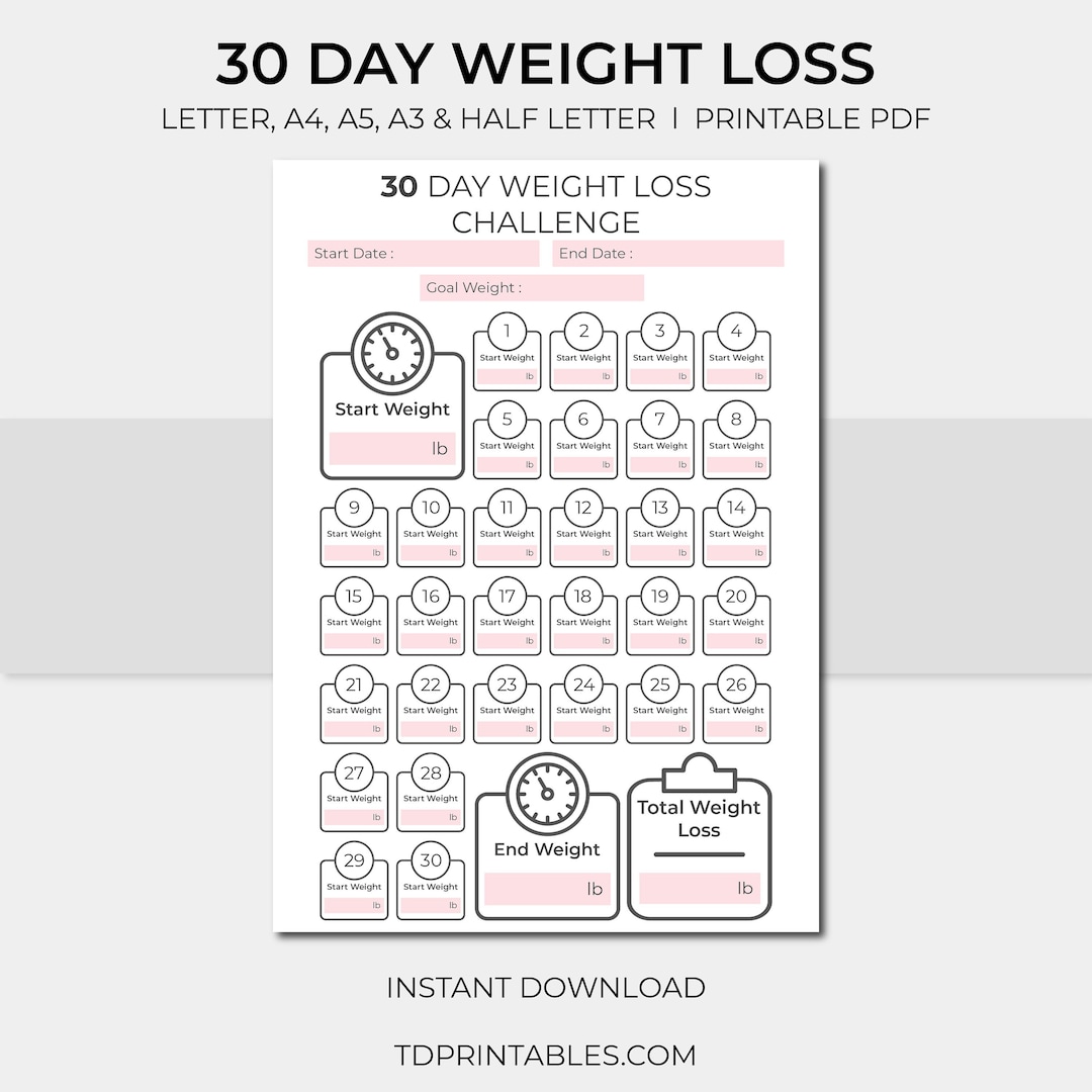 30 Day Weight Loss Challenge, 30 Day Weight Loss Tracker, Monthly ...