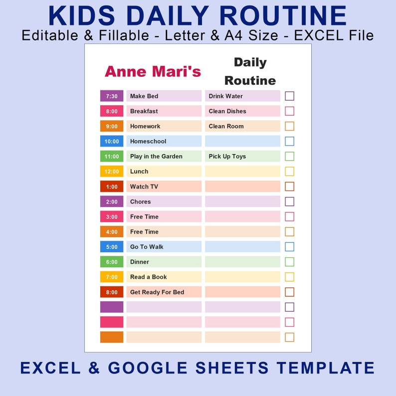 Editable Daily Routine Checklist Kids for EXCEL. Printable Fillable ...