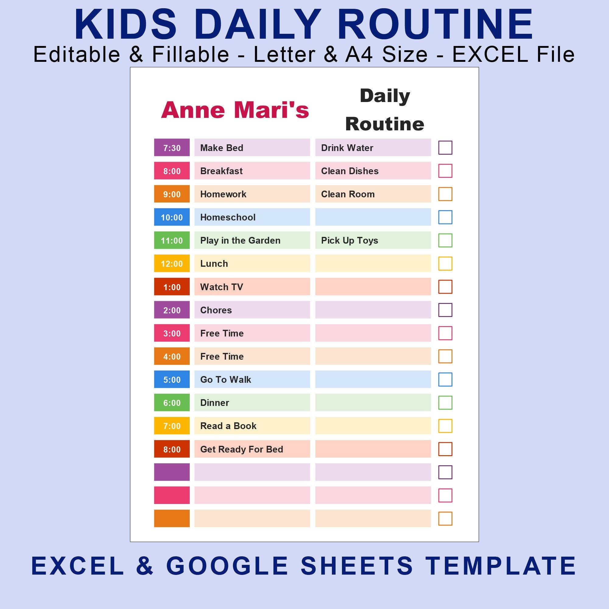 Editable Daily Routine Checklist Kids for EXCEL. Printable Fillable ...