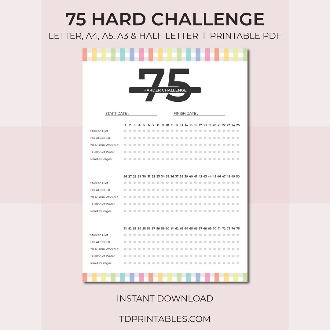 Printable 75 Hard Tracker Template Size A3, A4, A5,US Letter & Half ...