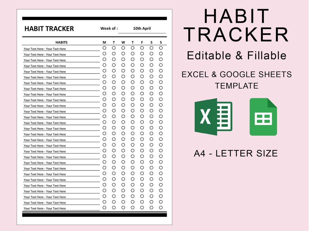 Weekly Habit Tracker Printable. EXCEL Spreadsheet Google Sheets ...