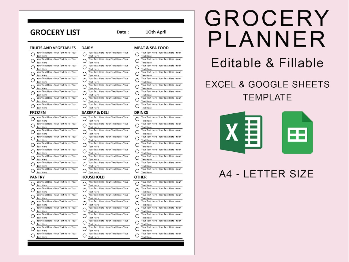 Grocery List Printable Template Editable Fillable. EXCEL Spreadsheet ...