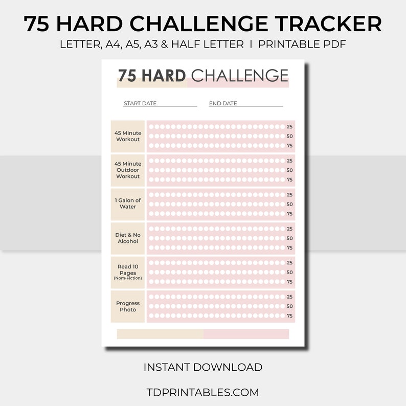 75 Hard Challenge Printable PDF Template Self Improvement Habit Workout ...