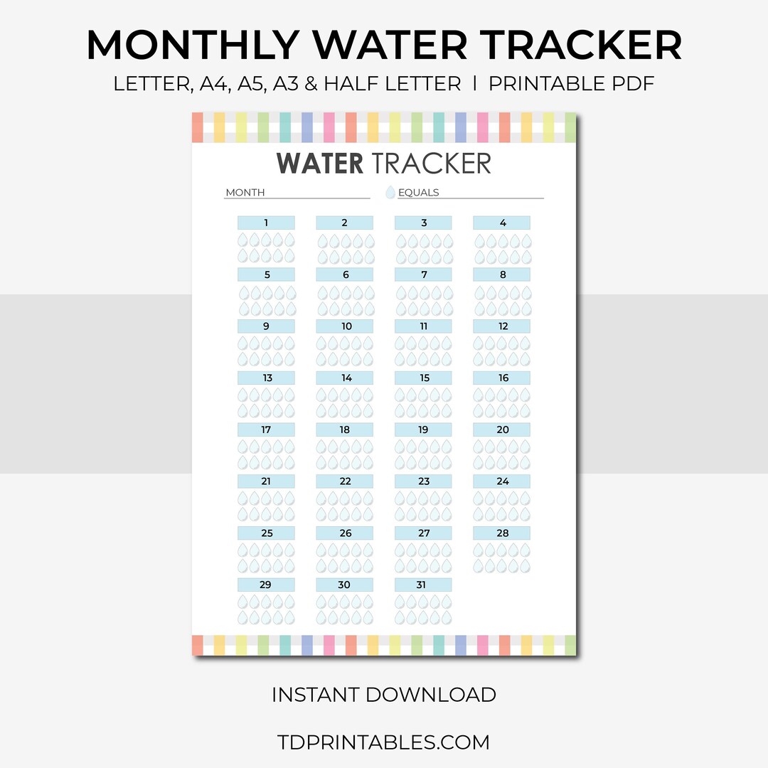 Water Tracker, Printable Monthly Water Tracker, Water, Hydration ...