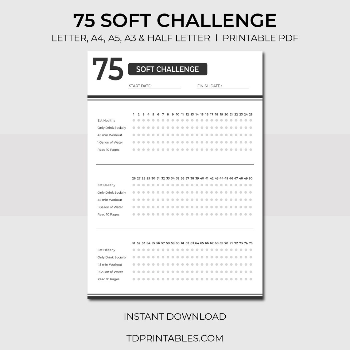Printable 75 Soft Tracker Template | Size A3, A4, A5,US Letter & Half ...