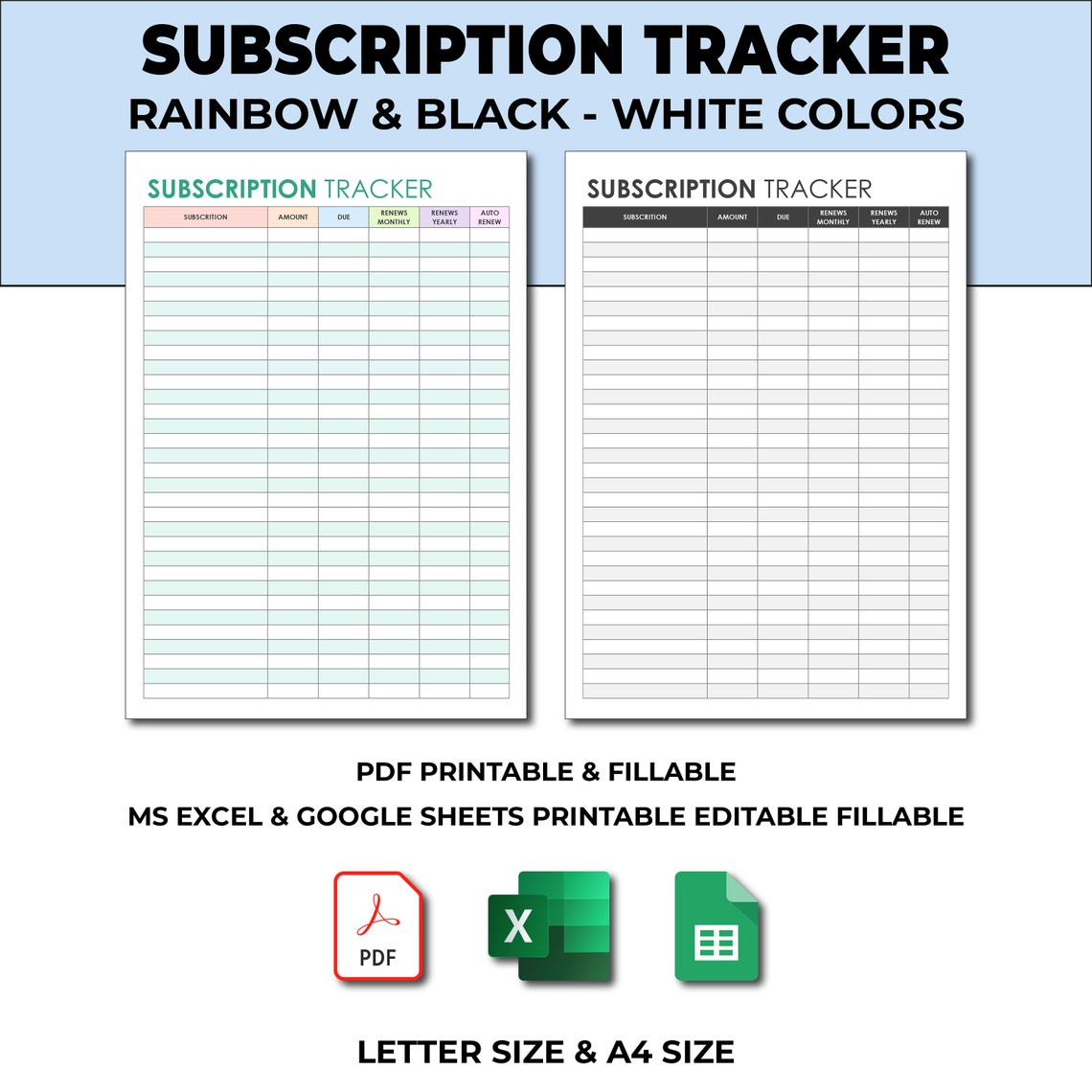 PDF Printable Editable Fillable Subscription Tracker Printable. Rainbow ...
