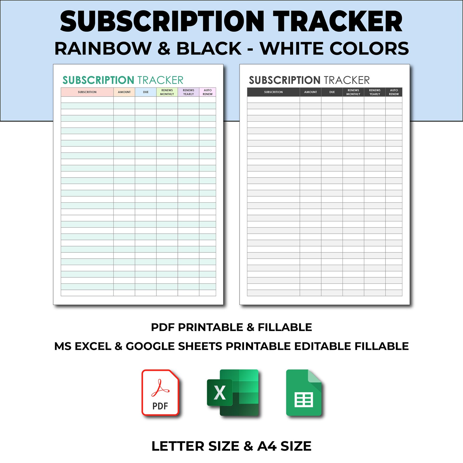 PDF Printable Editable Fillable Subscription Tracker Printable. Rainbow ...