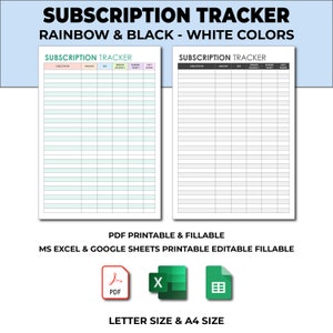 PDF Printable Editable Fillable Subscription Tracker Printable. Rainbow ...