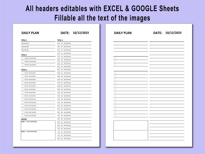 Printable Daily Planner Editable Fillable. EXCEL and Google Sheets ...
