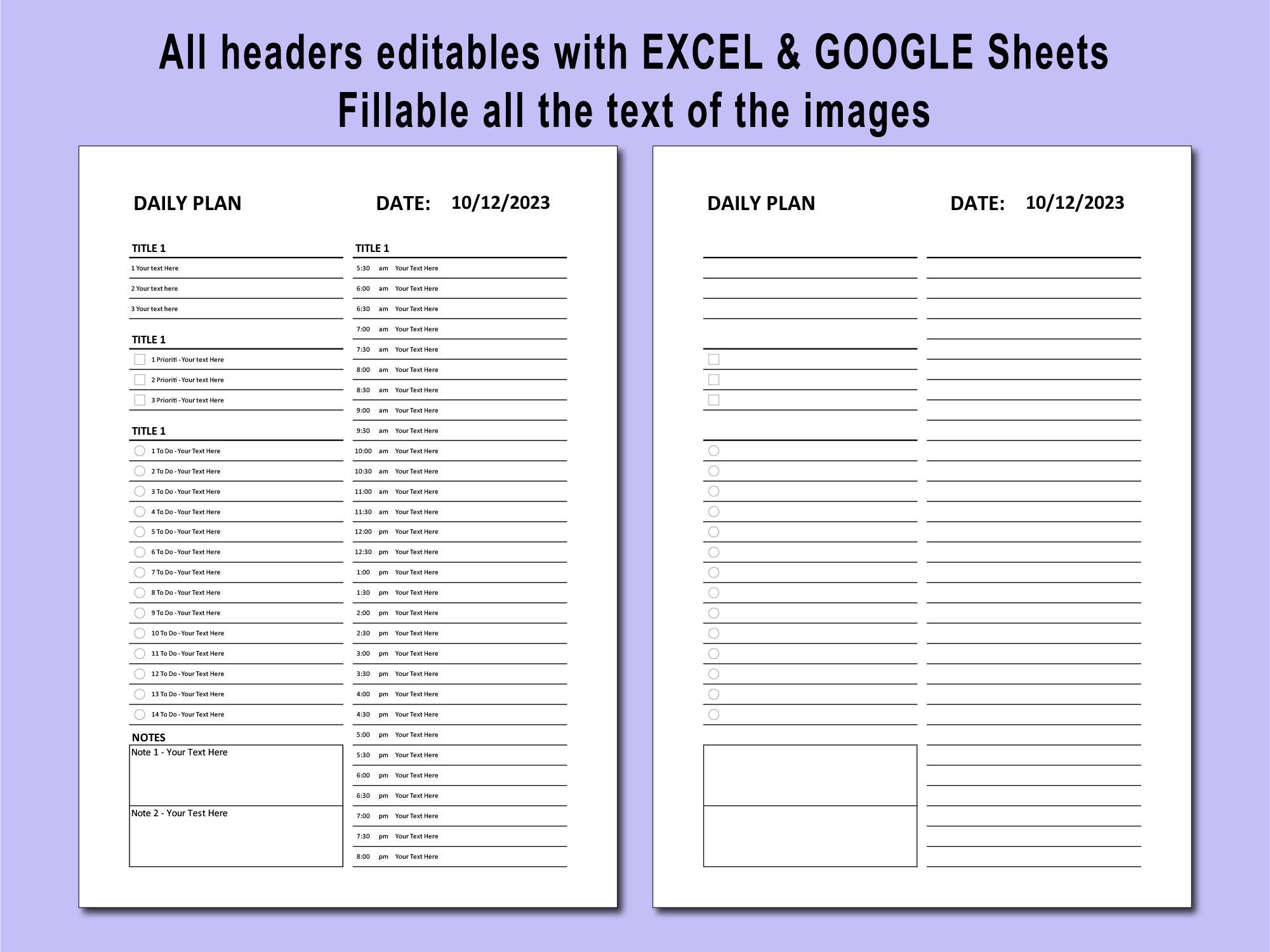 Printable Daily Planner Editable Fillable. EXCEL and Google Sheets ...