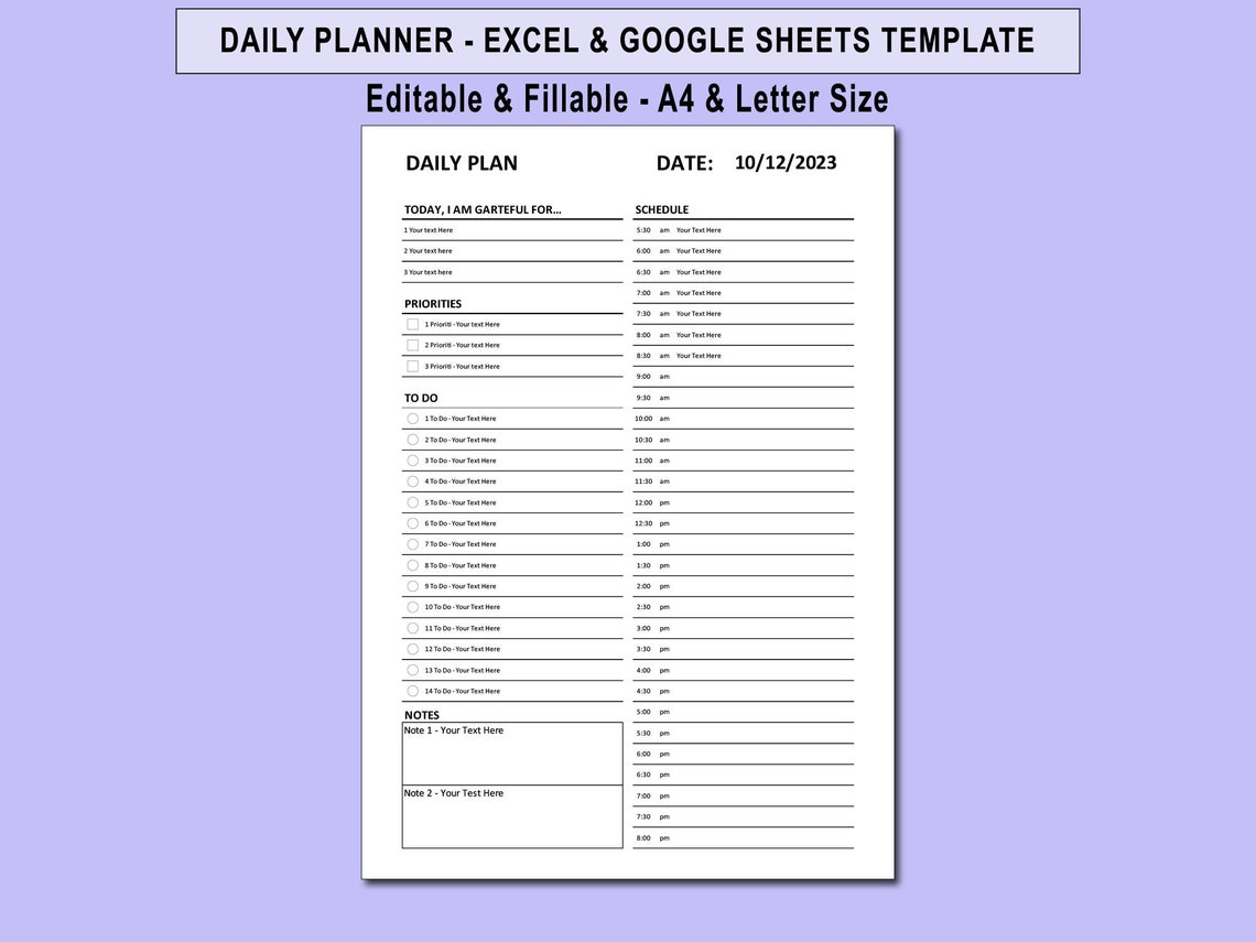 Printable Daily Planner Editable Fillable. EXCEL and Google Sheets ...