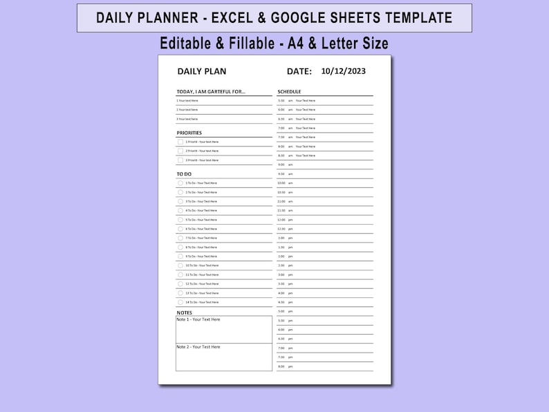 Printable Daily Planner Editable Fillable. EXCEL and Google Sheets ...