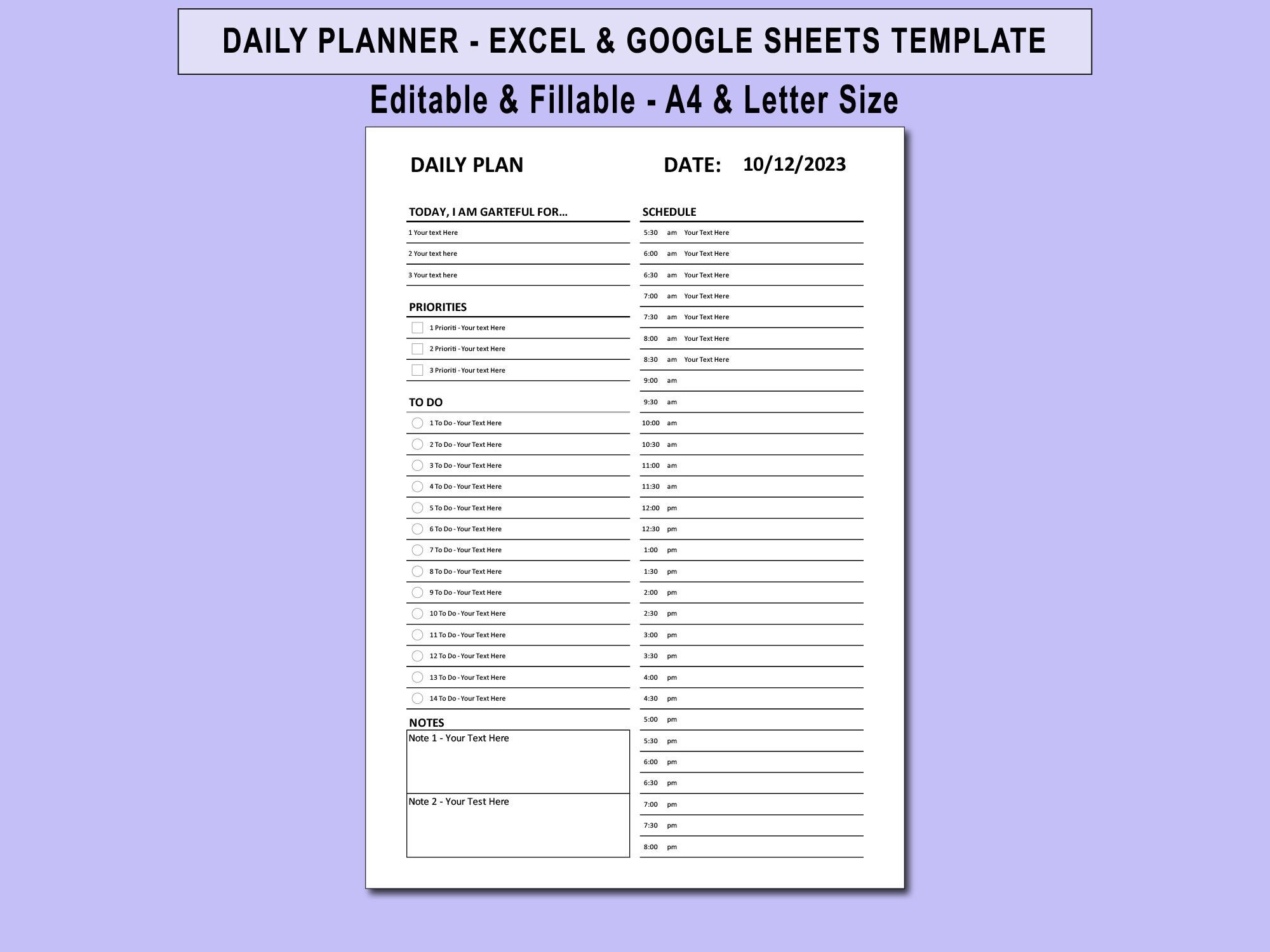 Printable Daily Planner Editable Fillable. EXCEL and Google Sheets ...