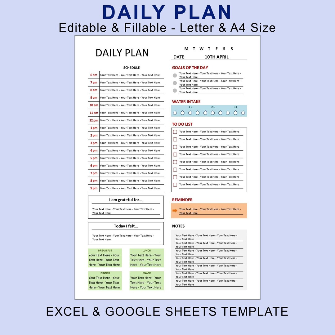 Daily Planner Printable Editable Fillable. Today Planner. EXCEL ...