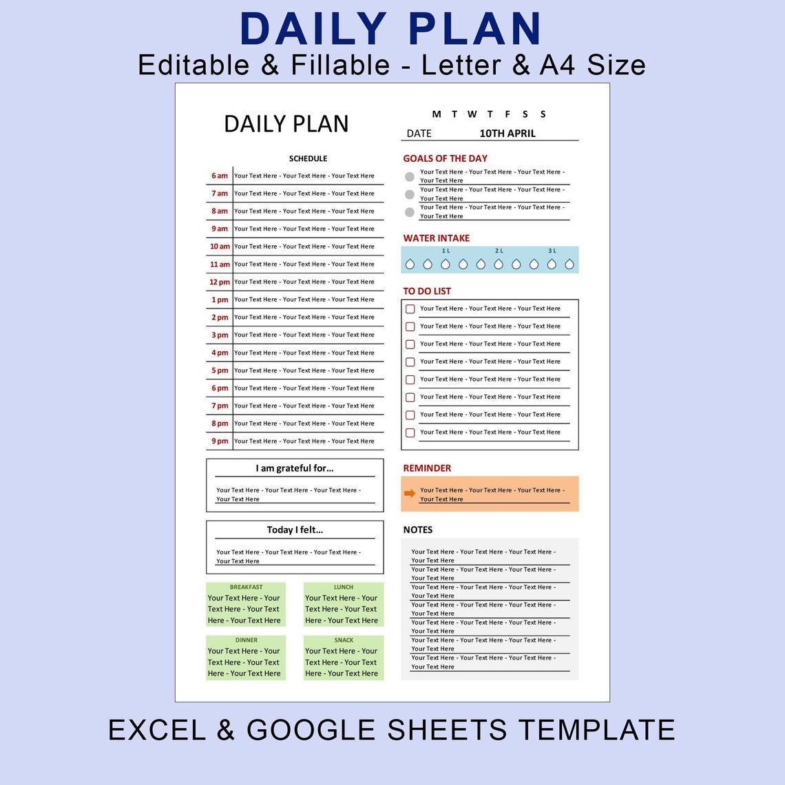 Daily Planner Printable Editable Fillable. Today Planner. EXCEL ...