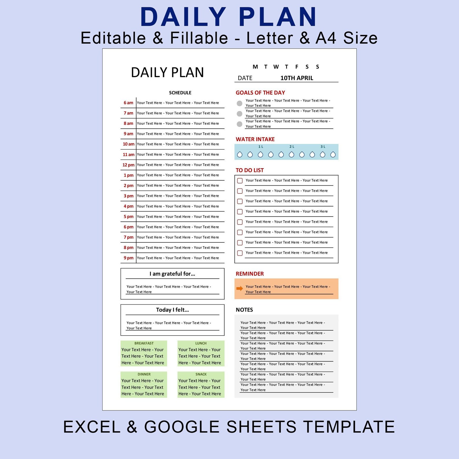 Daily Planner Printable Editable Fillable. Today Planner. EXCEL ...